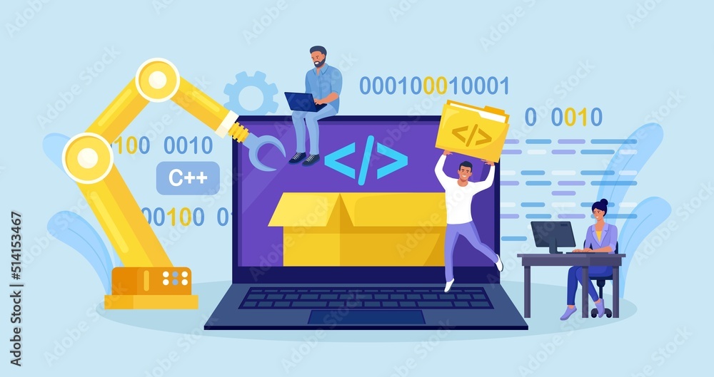 Developers creating software script at computer with open robotic soft ...