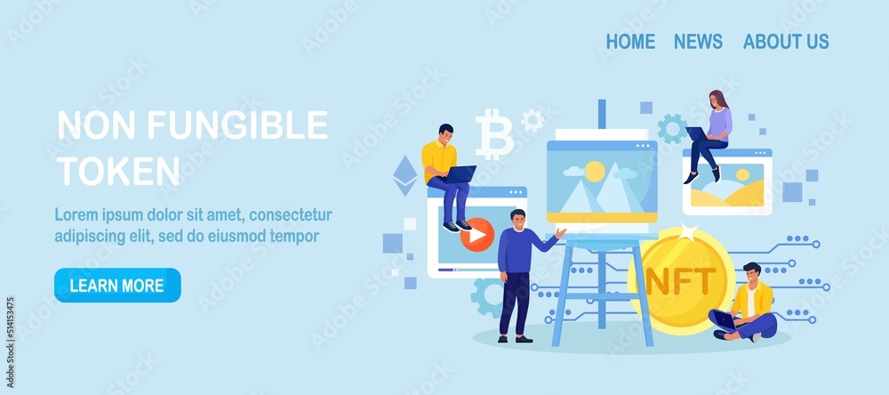 NFT as non-fungible token for digital blockchain unit. People making ...