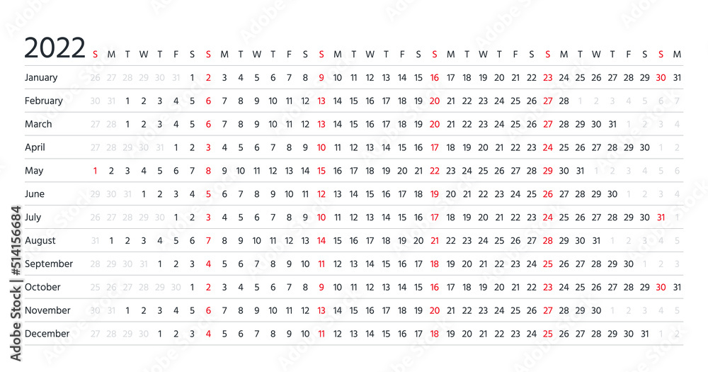 Linear calendar for 2022 year. Vector illustration. Yearly grid of ...