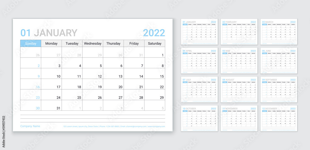 Calendar 2022 year. Planner template. Vector illustration. Monthly grid ...