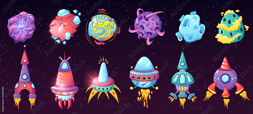 Planets, rockets UFO ships. Elements of a fantasy computer game, space ...
