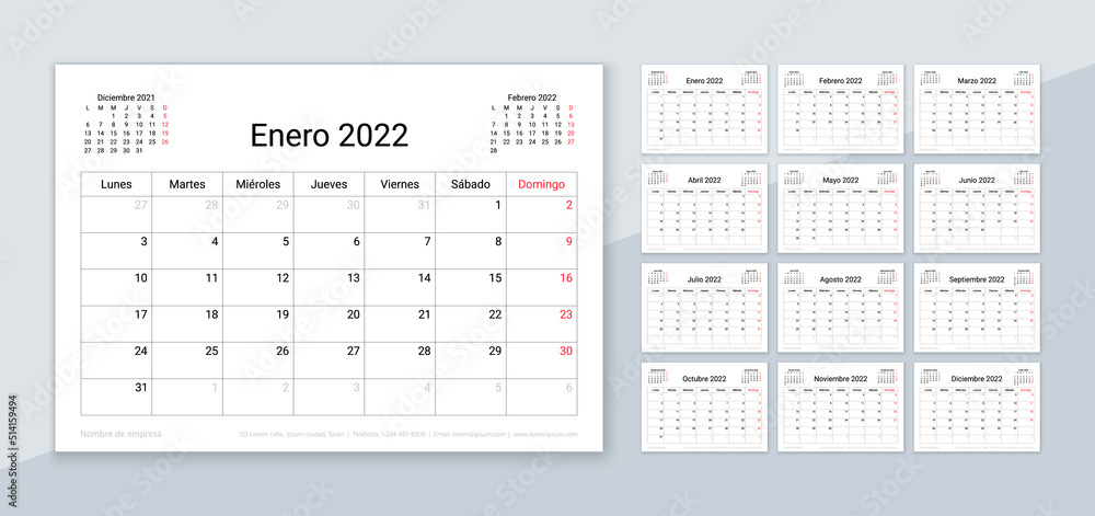 2022 Spanish calendar. Table planner layout. Vector illustration. Stock ...
