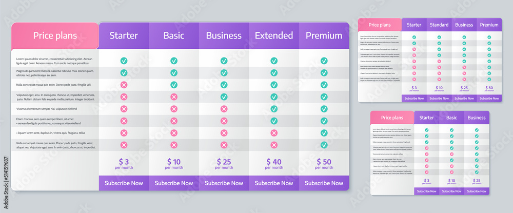 Table price chart. Vector illustration. Comparison plan layout. Stock ...