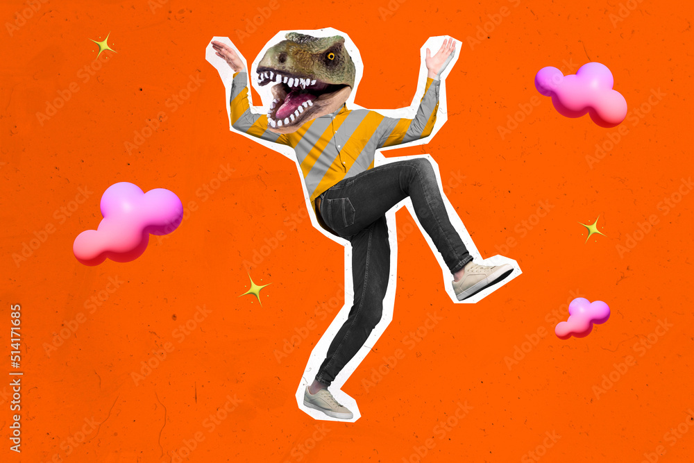Composite collage picture of excited person dinosaur head walk drawing ...