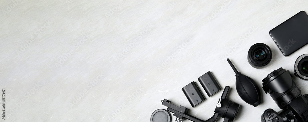 Flat lay composition with equipment for professional photographer on ...