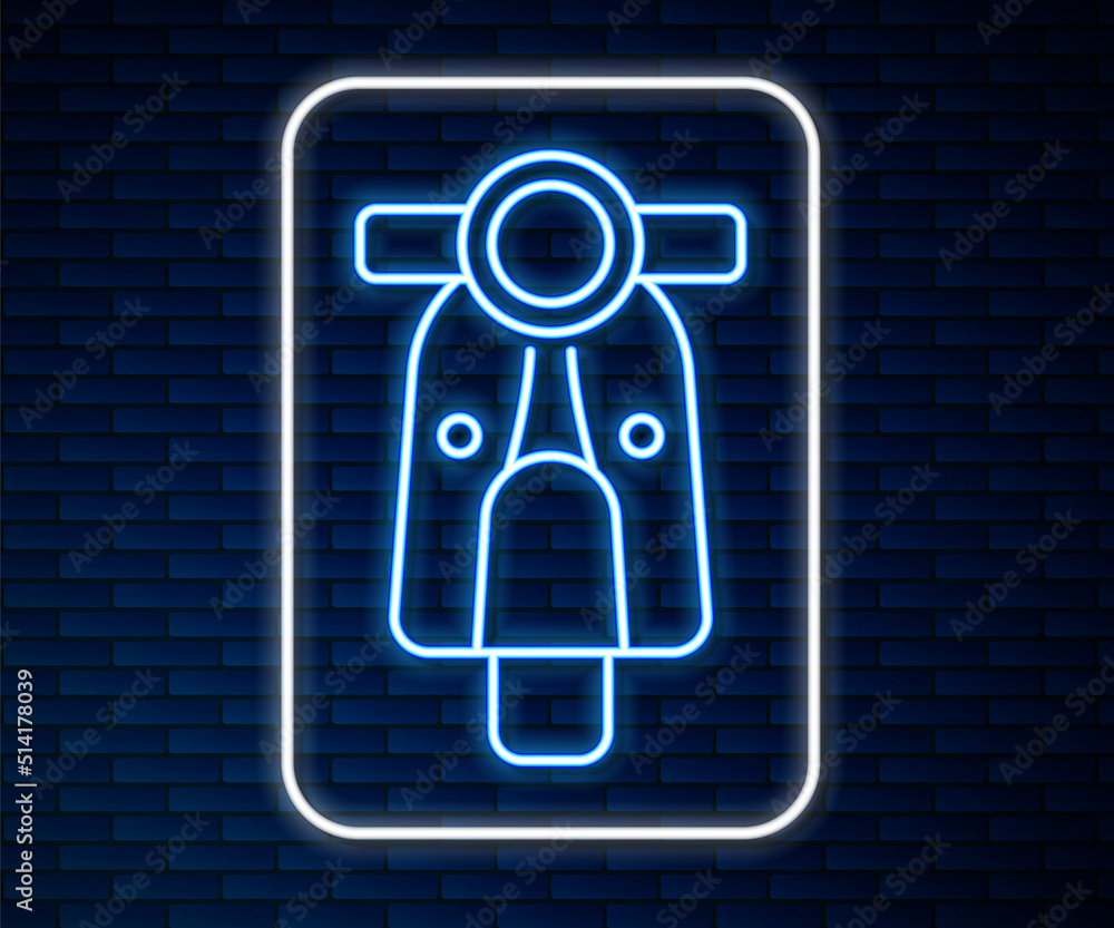 Glowing neon line Scooter icon isolated on brick wall background ...