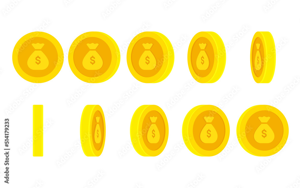 Cartoon money bag gold coin rotating. Animation sprite sheet isolated ...