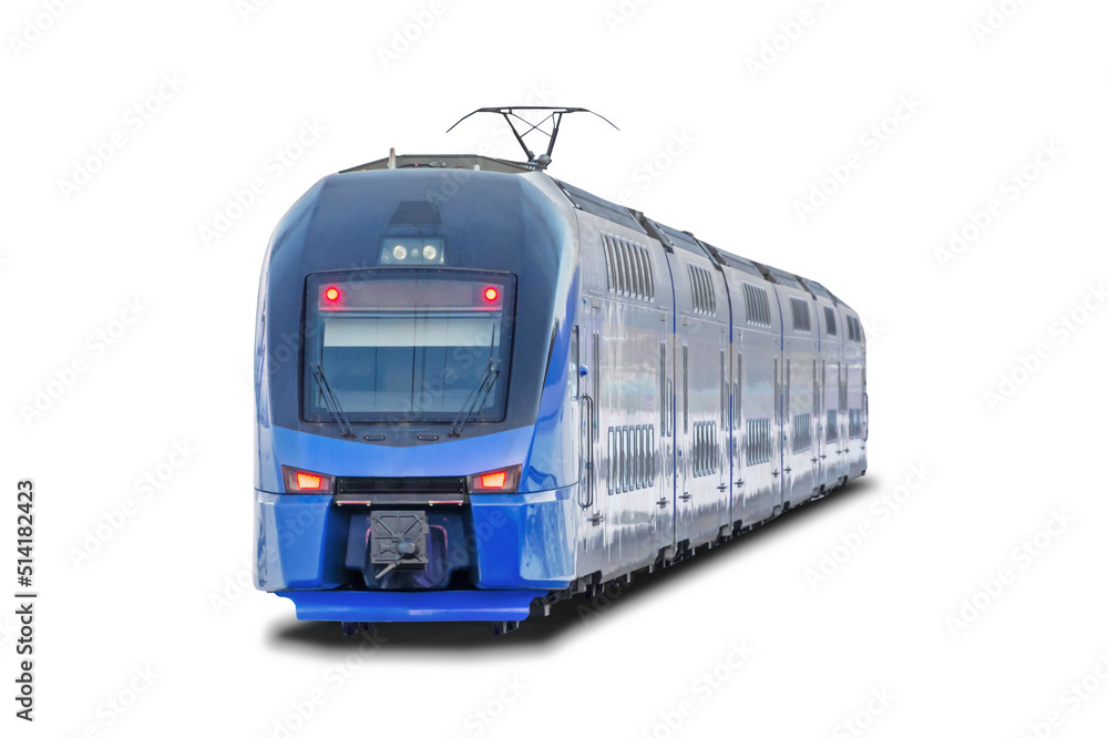 Double-decker commuter city electric train in blue color isolated on ... Double-decker commuter city electric train in blue color isolated on ...
