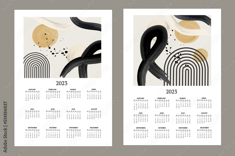 classic monthly calendar for 2023. Calendar with abstract shapes, black ...