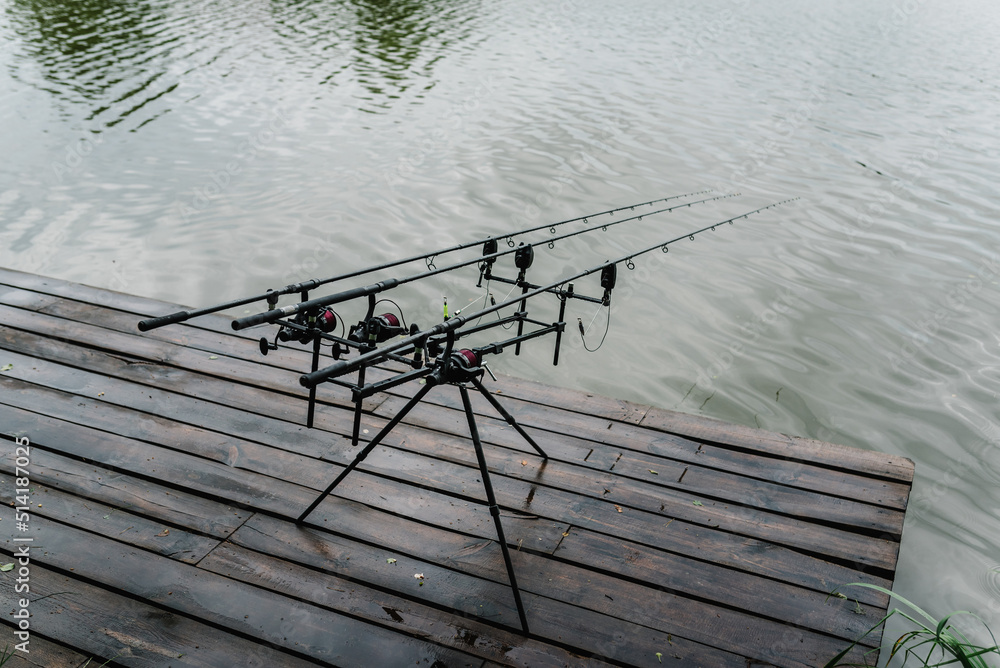 Spinning. Fishing with signaling devices on holder. Feeder fishing with ...