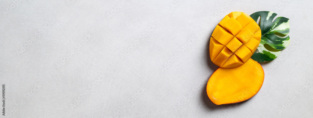 Mango background design concept. Top view Diced fresh mango fruit on ...
