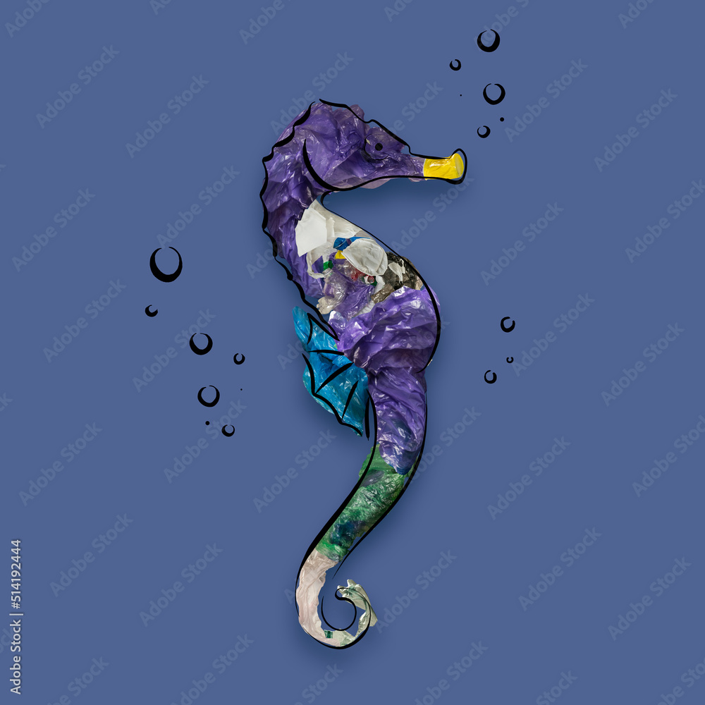 Contemporary conceptual art collage with drawn sea marine life filled ...