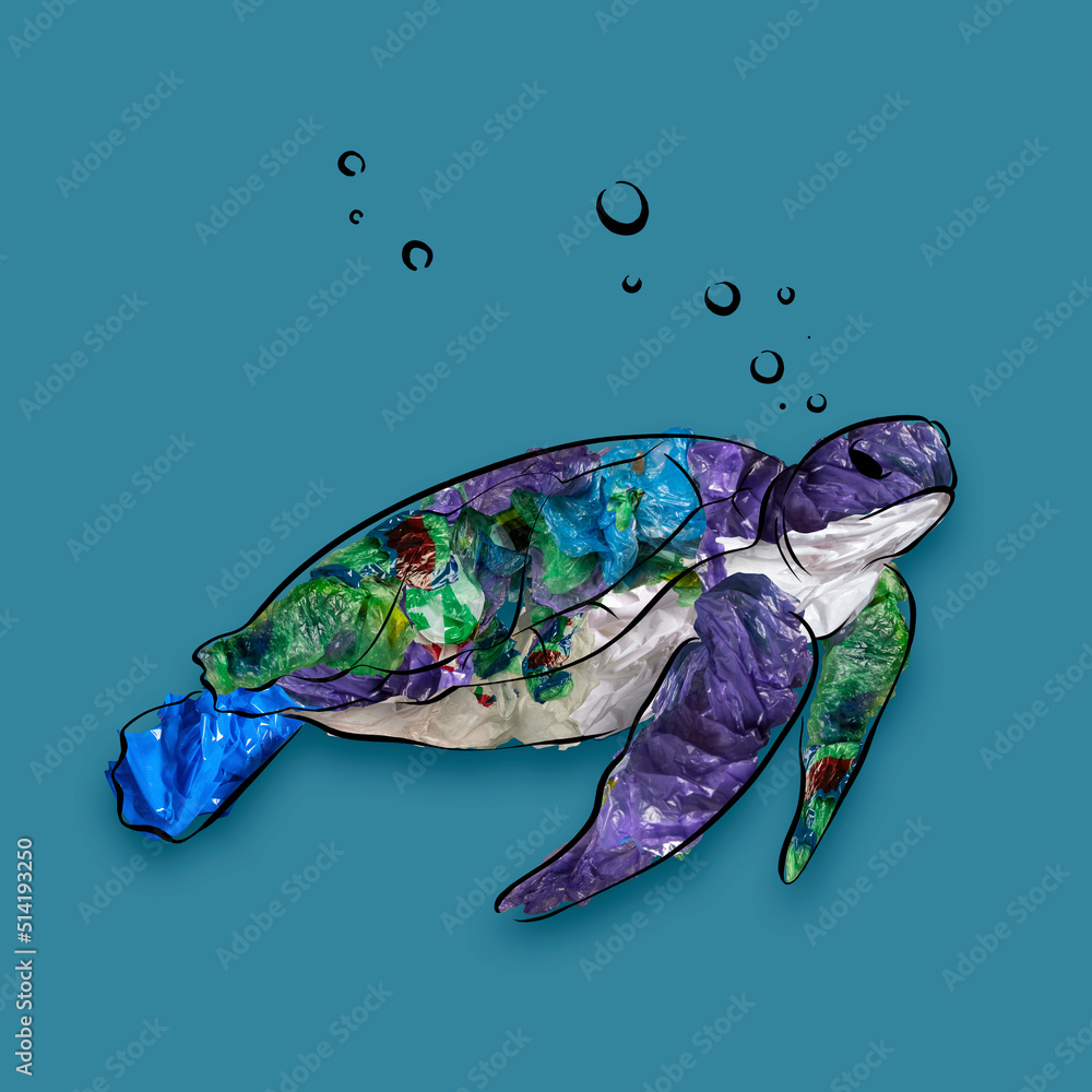 Conceptual artwork with sea animal turtle filled with garbage and ...