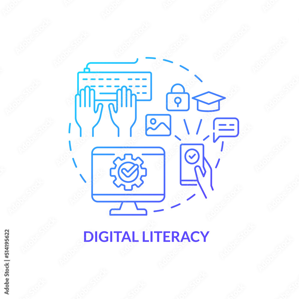 Digital literacy blue gradient concept icon. Important life skill abstract idea thin line ...