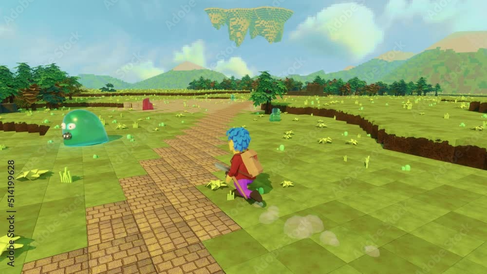 Animated MMO Arcade with Hero Character Running with Sword and Fighting ...