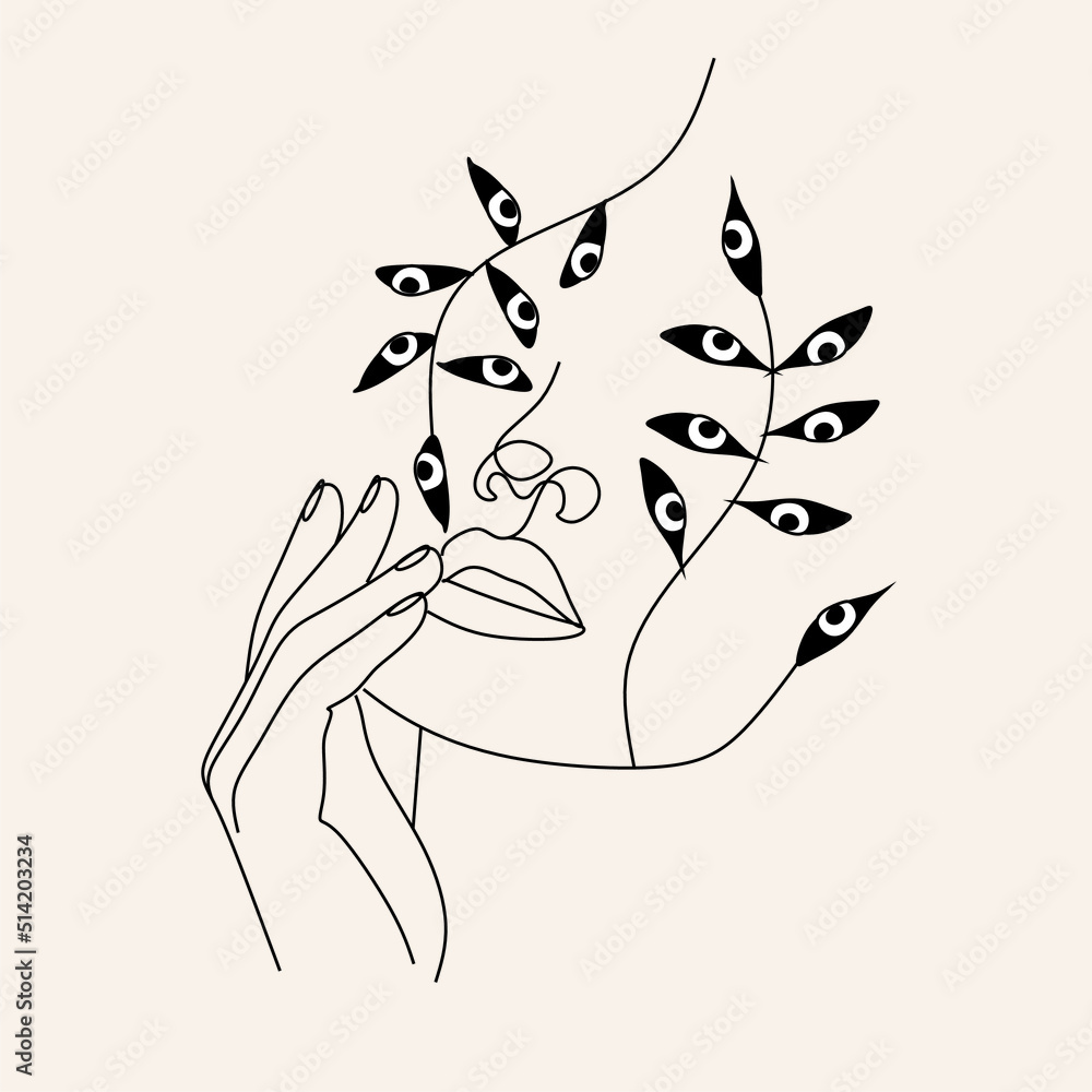 woman face with leaves line art. Continuous line drawing Stock Vector ...