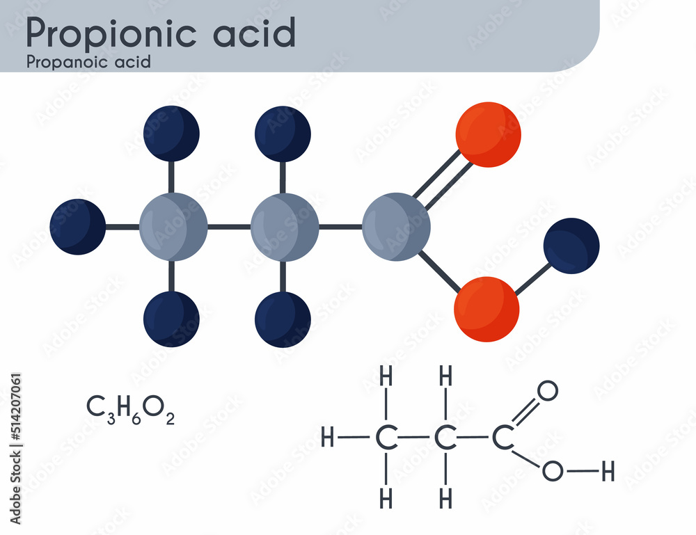 Propionic acid, chemical formula C3H6O2. Propanoic acid. Preservative for stored grains. Body ...