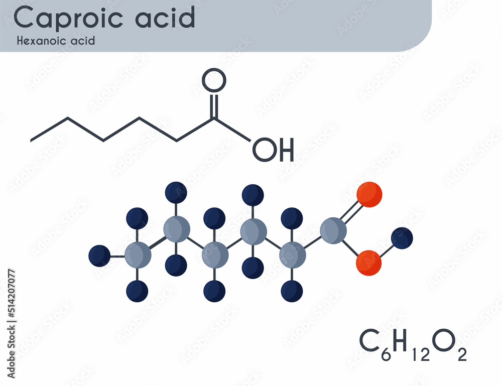 Valeric acid, pentanoic acid or valerate molecule. Structural chemical ...
