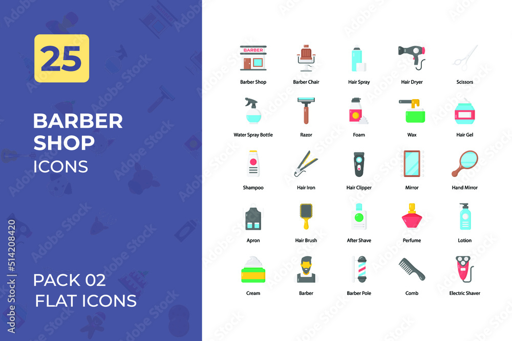 Barber shop Flat Icons Collection. Set contains such comb, barber ...
