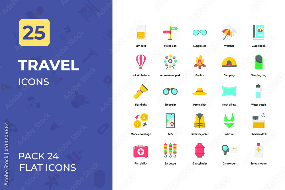 Travel Flat Icons Collection. Set contains such Icons as passport ...