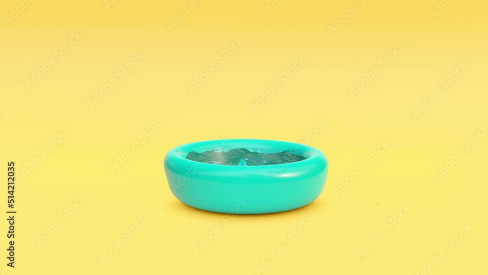 Falling blue sphere morphing into swimming pool adding water, yellow ...