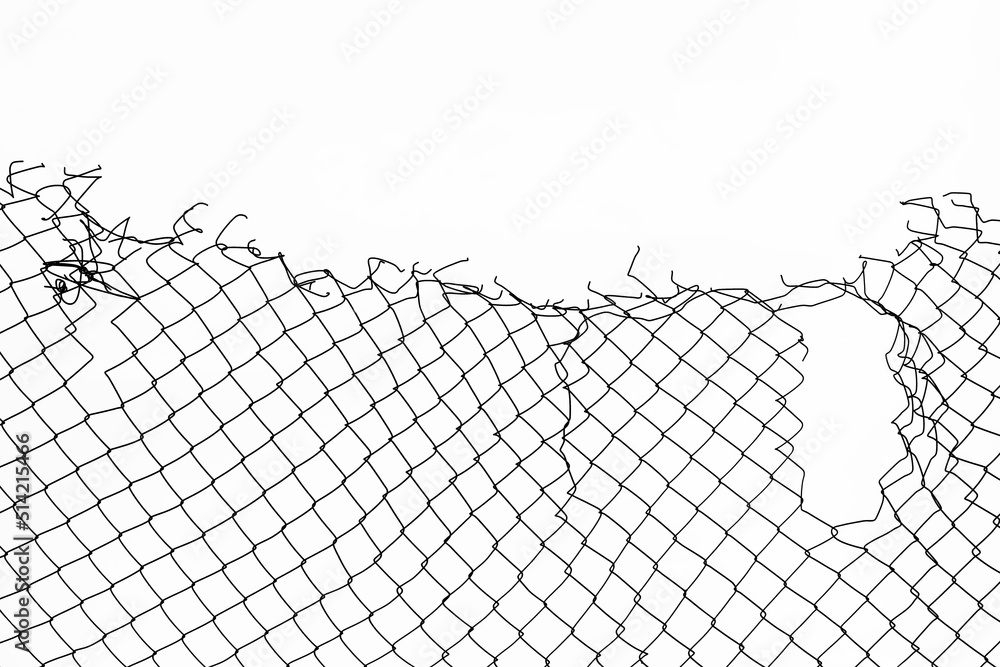 Wire fence or metal net isolated on white background, sun rays. hole in ...