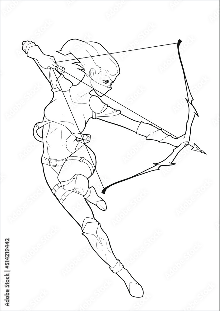 assassin girl jumping and shooting from a bow. She wears a mask and ...