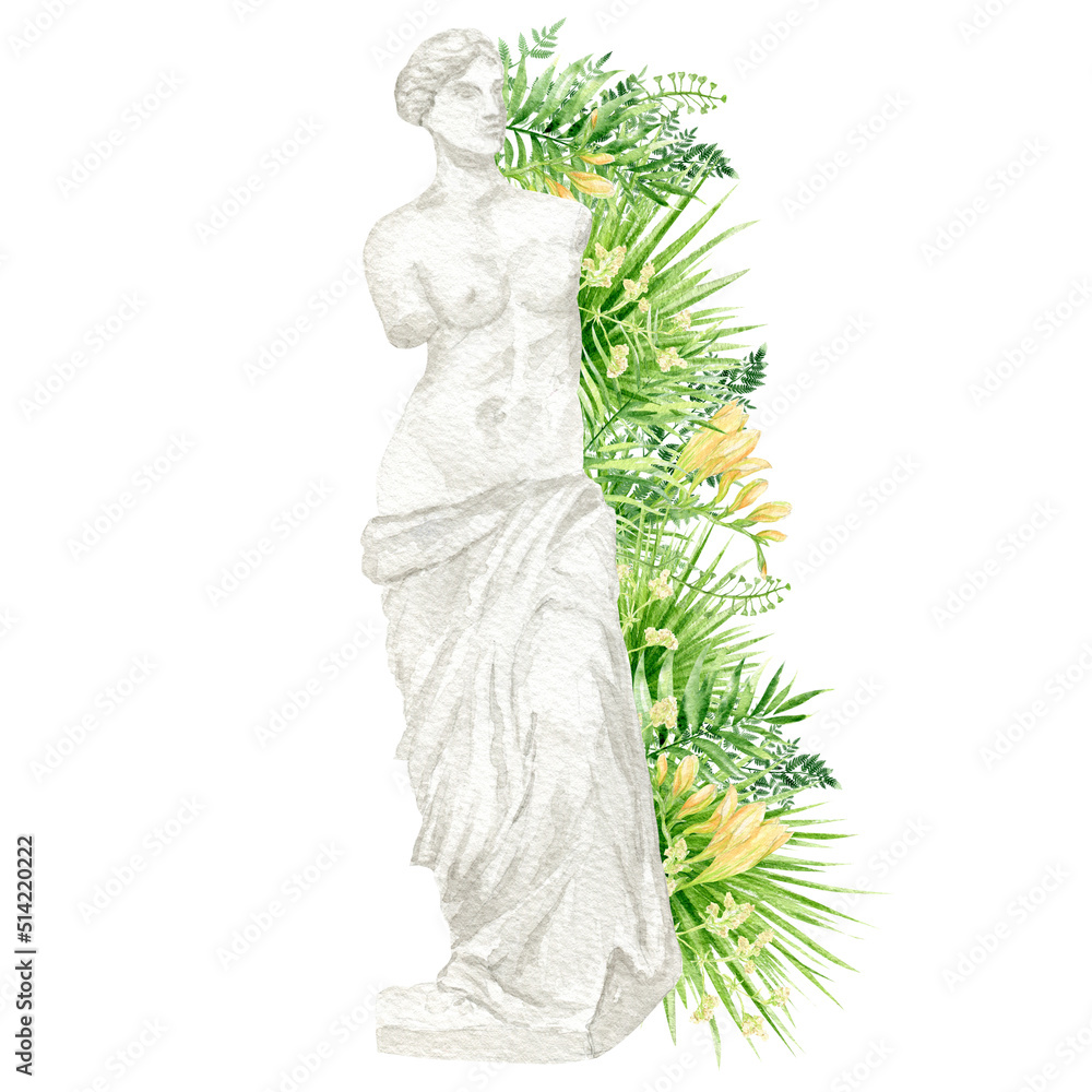 Ancient greek sculpture Venus goddess with greenery bouquet, Watercolor ...