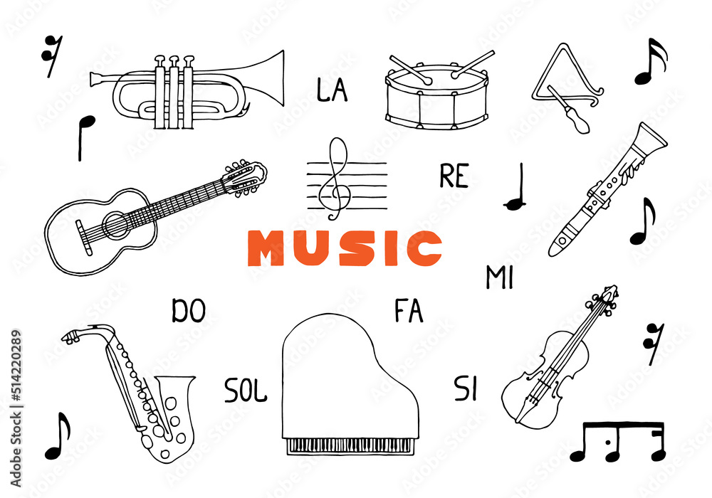 Set of musical instruments and notes with the inscription Music in the ...