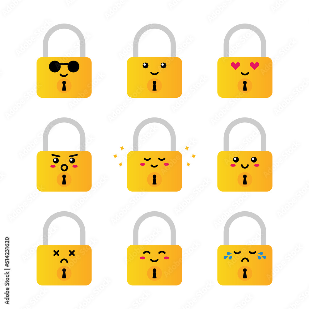 Set, collection, pack of lock emoji, vector cartoon style icons of ...