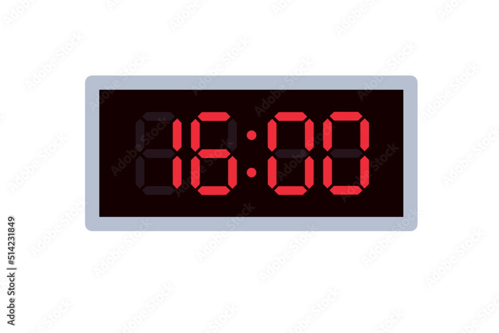 Vector flat illustration of a digital clock displaying 16.00 ...