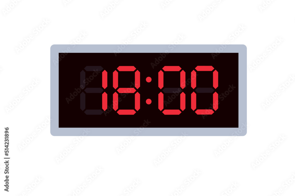 Vector flat illustration of a digital clock displaying 18.00 ...
