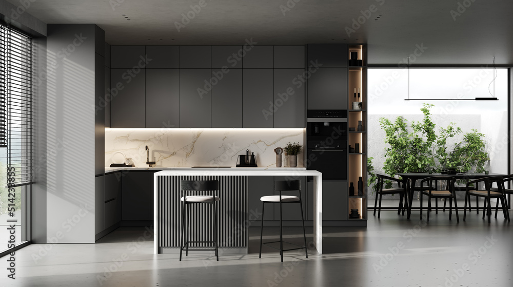 Modern dark kitchen and dining room interior with furniture and ...