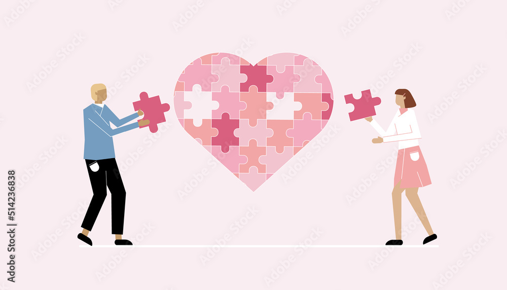 Couple assembling heart symbol from puzzle pieces. Love, togetherness ...