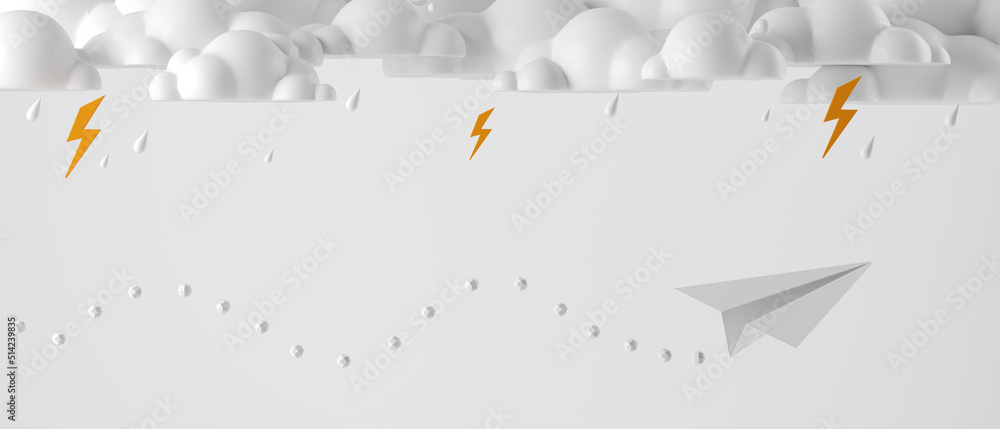 3d paper airplane with clouds and rainy on white background. 3d render ...