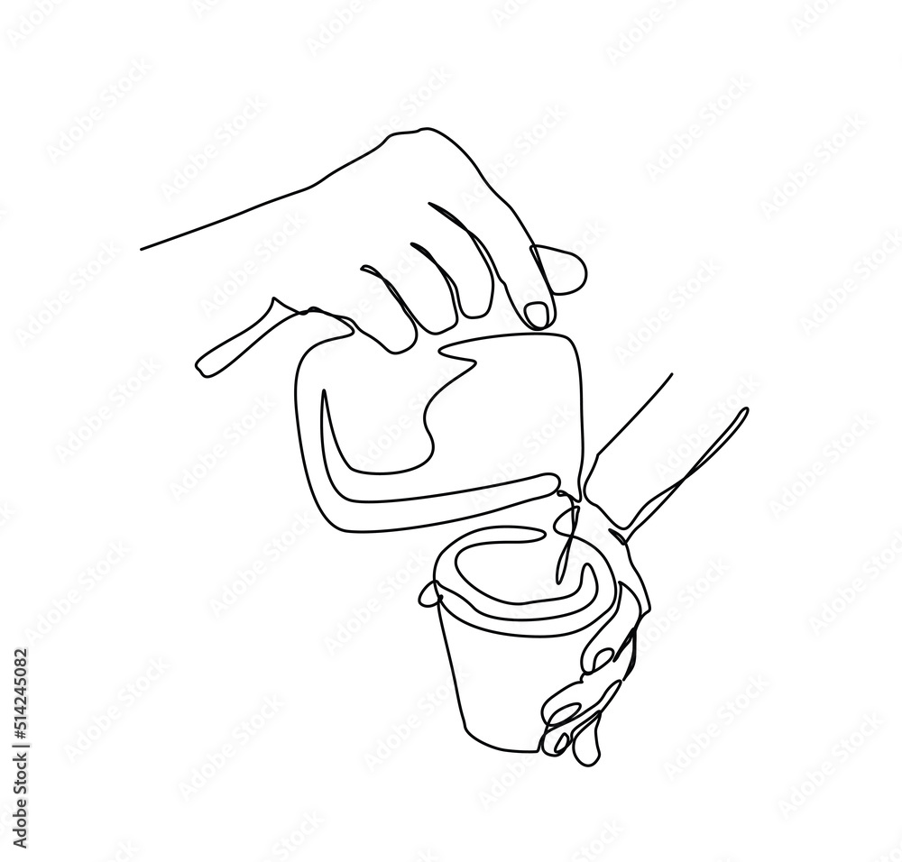 Continuous line drawing of hand pouring coffee to the mug. Coffee Latte ...