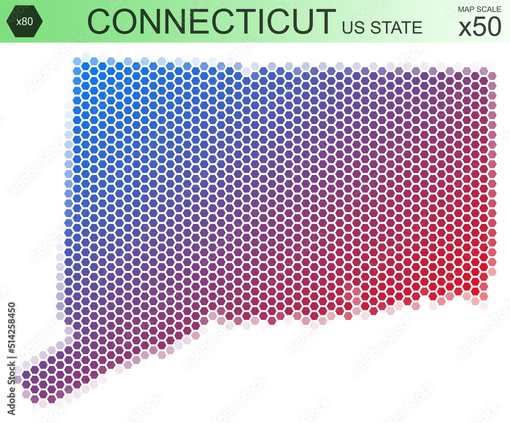 Dotted map of the state of Connecticut in the USA, from hexagons, on a ...