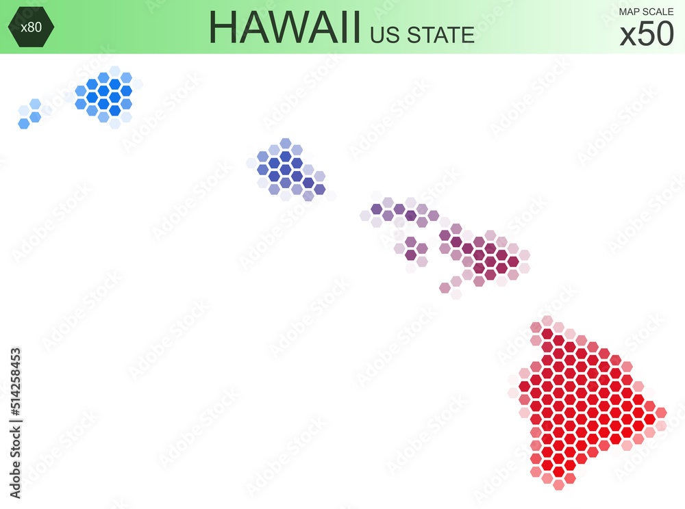 Dotted map of the state of Hawaii in the USA, from hexagons, on a scale ...