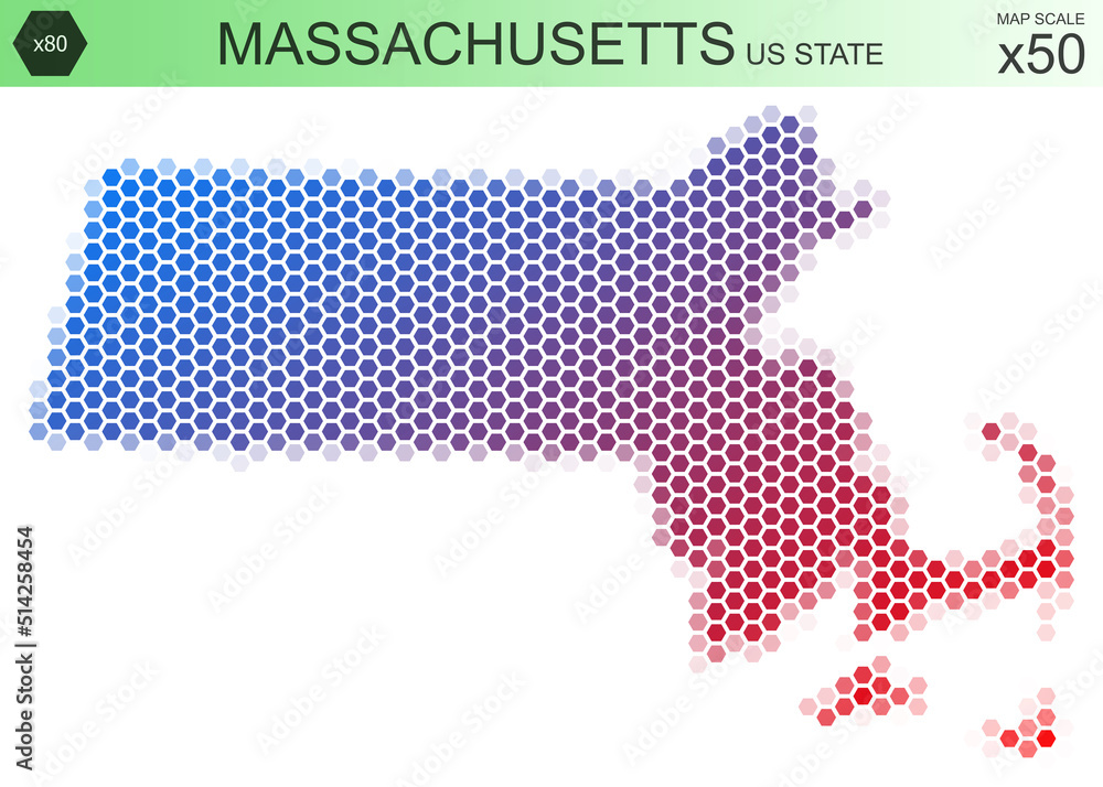 Dotted map of the state of Massachusetts in the USA, from hexagons, on ...