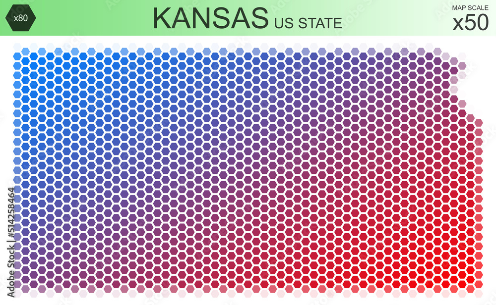 Dotted map of the state of Kansas in the USA, from hexagons, on a scale ...