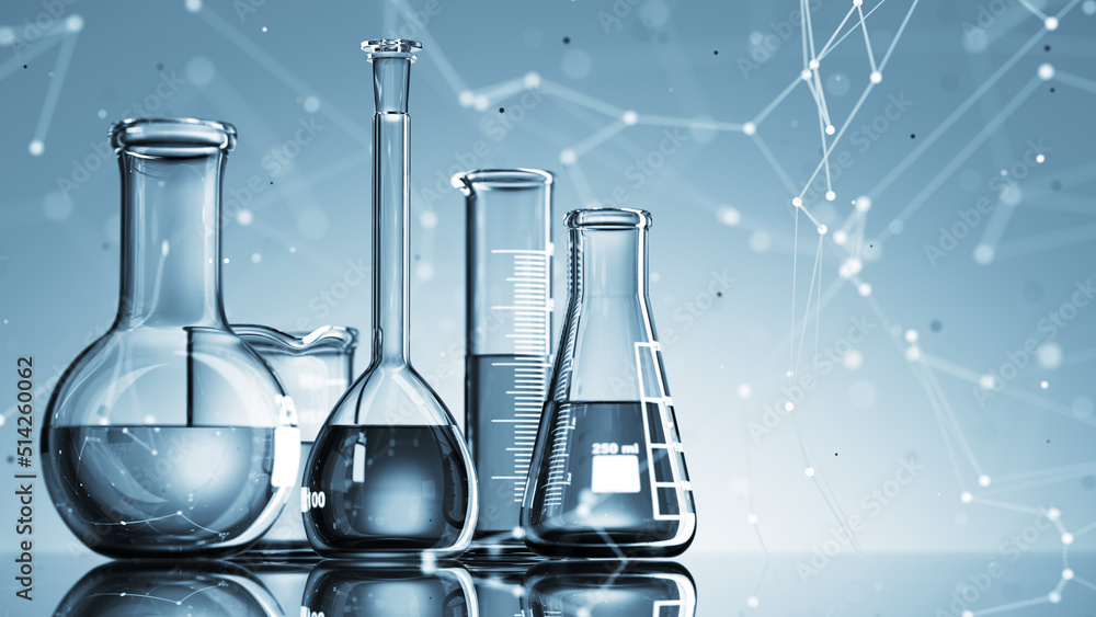 Glass chemistry lab equipment on blue background. Chemistry Lab concept ...