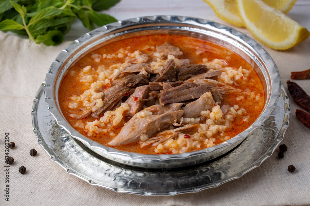 Turkish Soup Beyran with Lamb Meat, Rice, Chopped Garlic and Vinegar ...