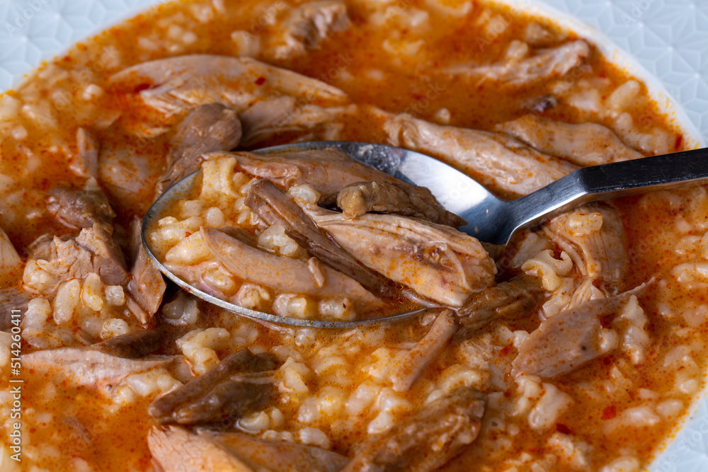 Turkish Soup Beyran with Lamb Meat, Rice, Chopped Garlic and Vinegar ...