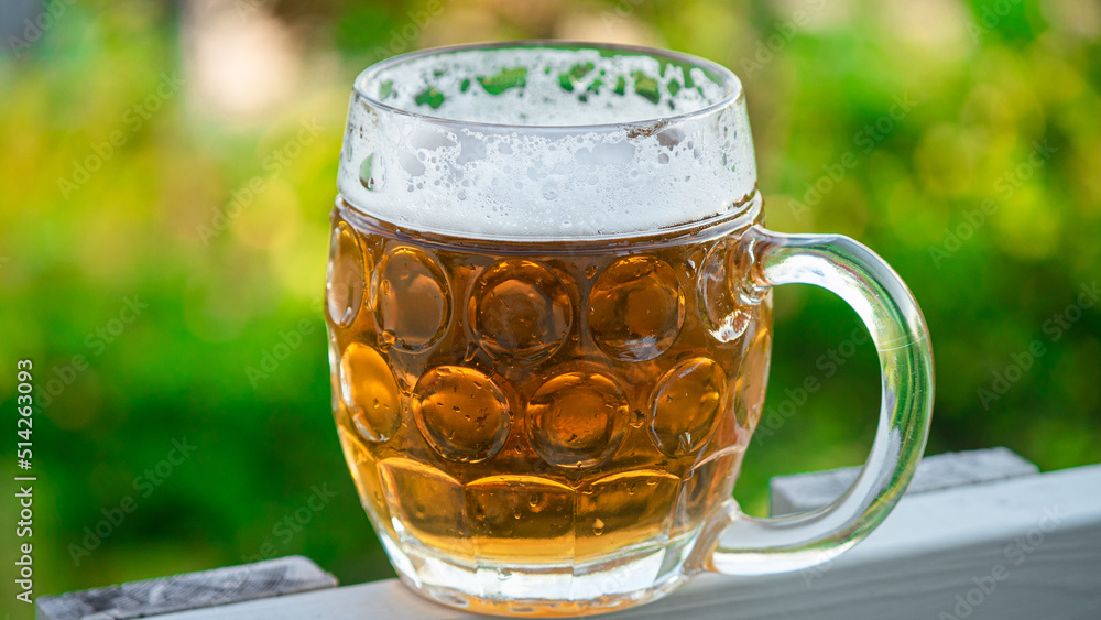 The sun shines on a pint of lager beer, poured into an ovally shaped ...