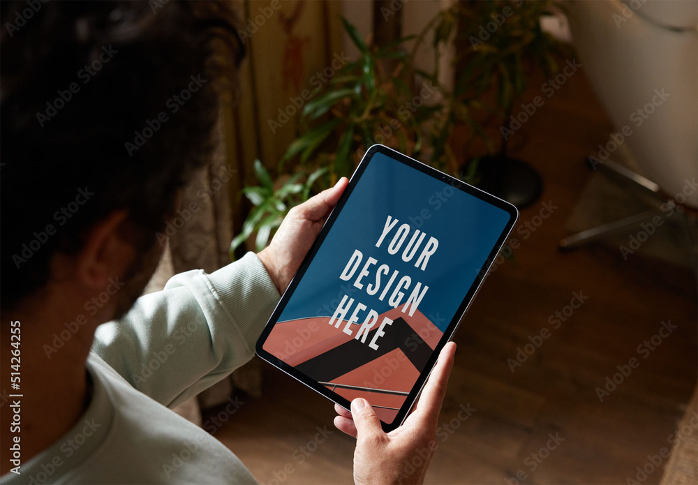 Man Standing Using a Tablet Mockup Stock Template | Adobe Stock