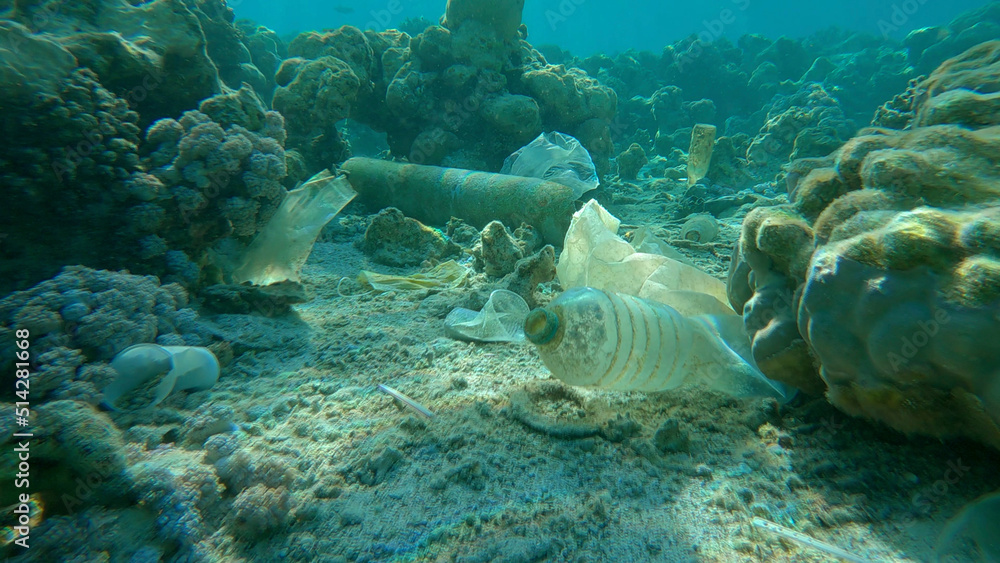 Seabed of beautiful coral reef covered with plastic and other garbage ...