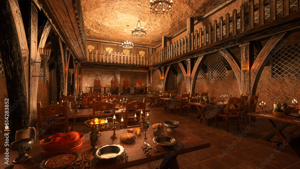Poster Dark moody medieval dining hall with tables laid for a great ...