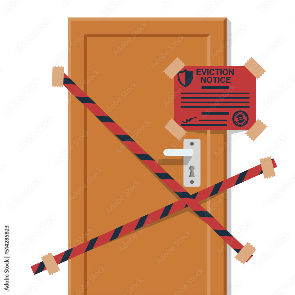 Eviction notice, white sheet on door. Stop sign at the entrance. Key in ...