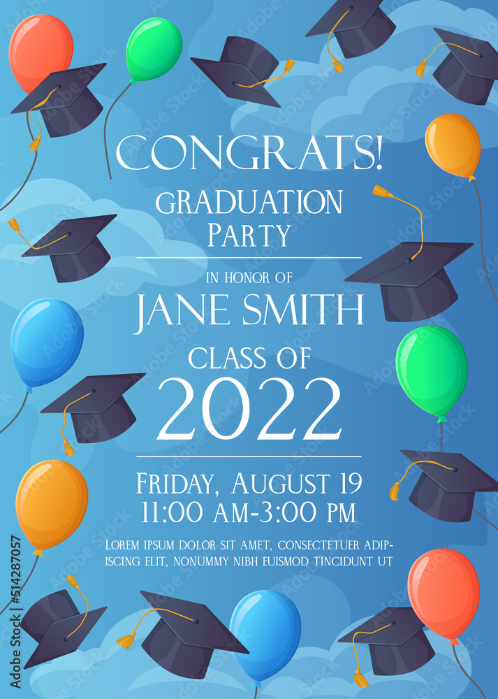 Graduation party invitation 2022 funny card. Sky with balloons Stock ...