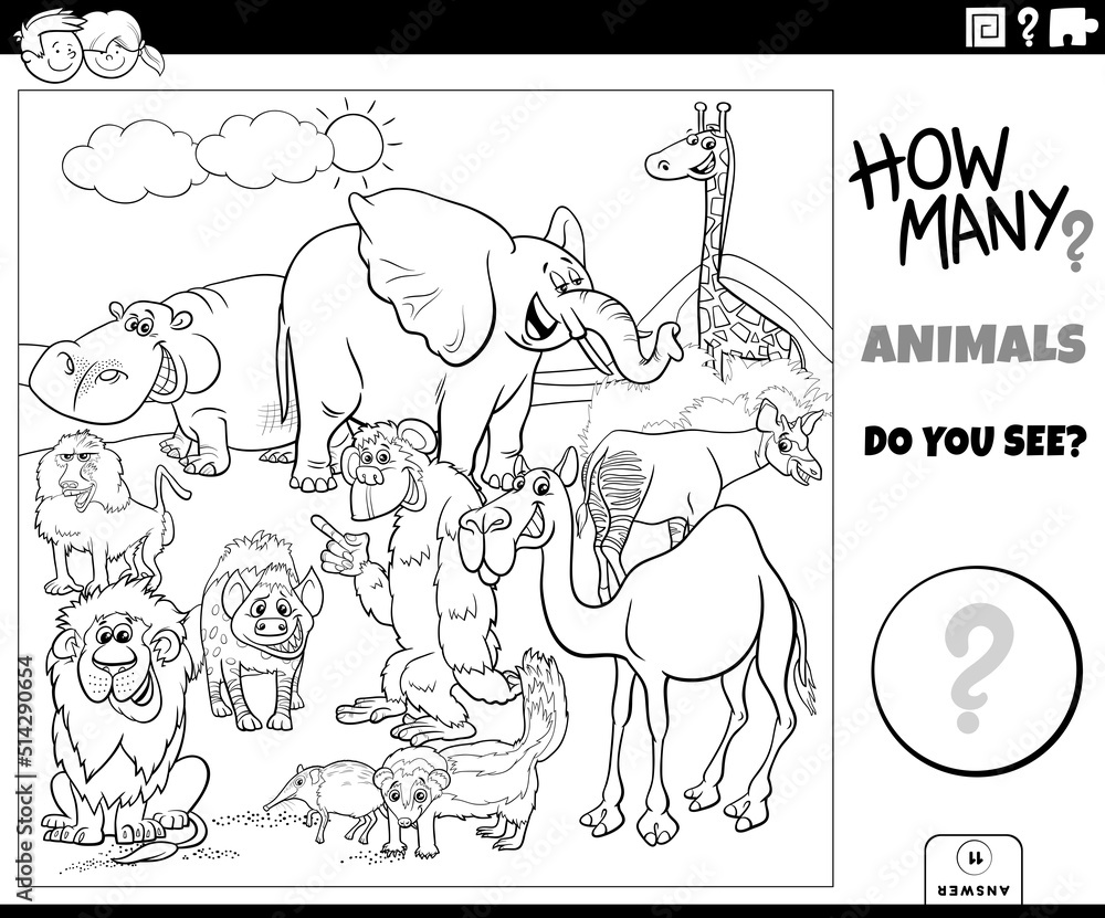 counting cartoon animals educational game coloring page Stock Vector ...